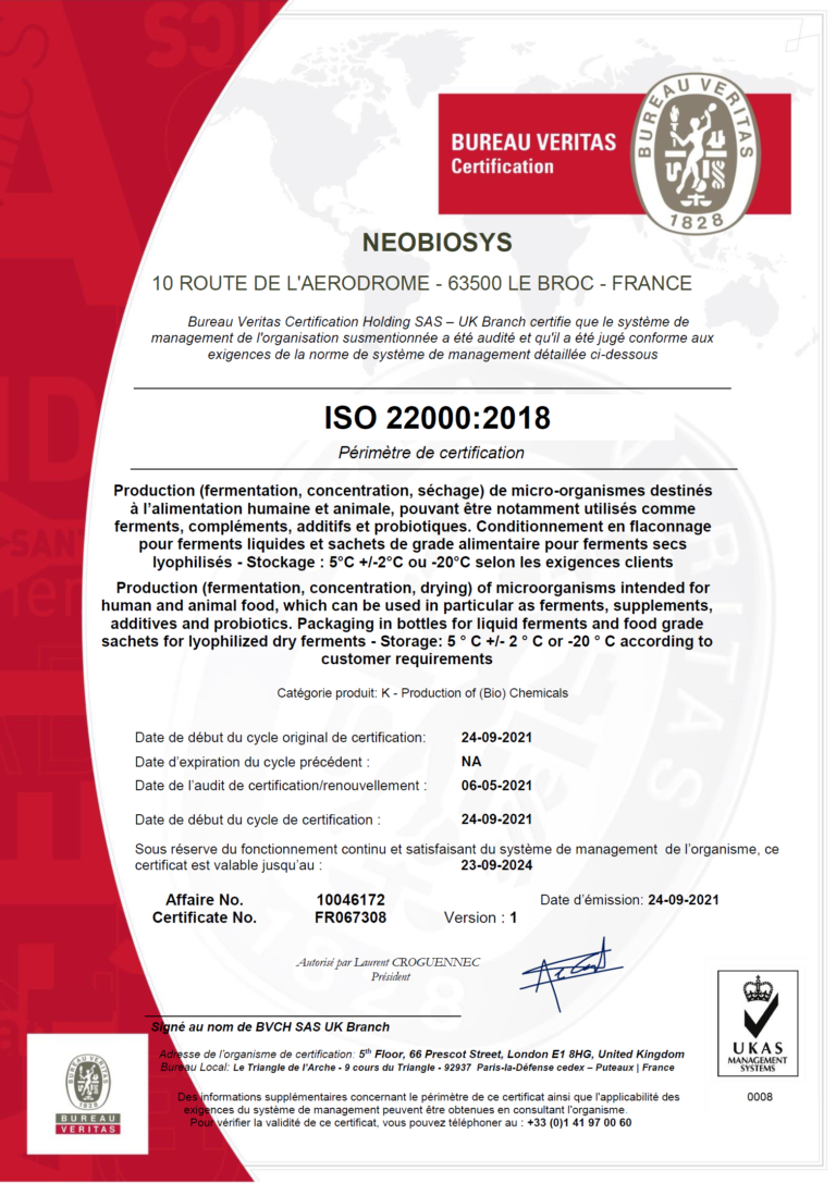 Neobiosys - ATTESTATION CERTIFICATION ISO22000:2018 Neobiosys - ATTESTATION CERTIFICATION ISO22000:2018